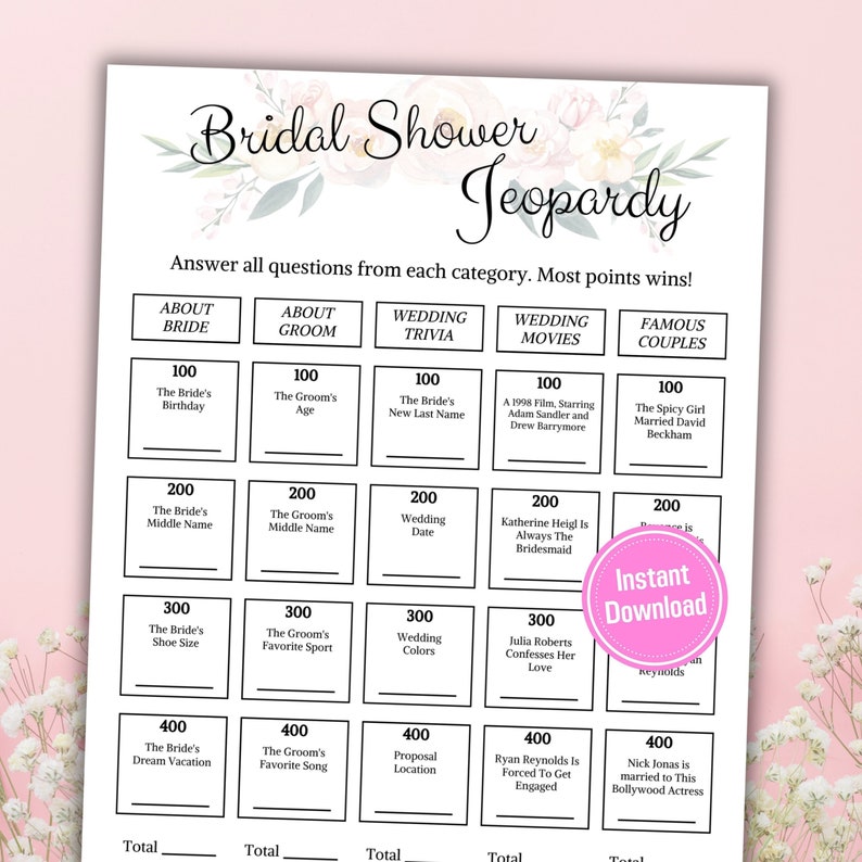 Bridal Shower Jeopardy | Printable Jeopardy Card | Wedding Party ...