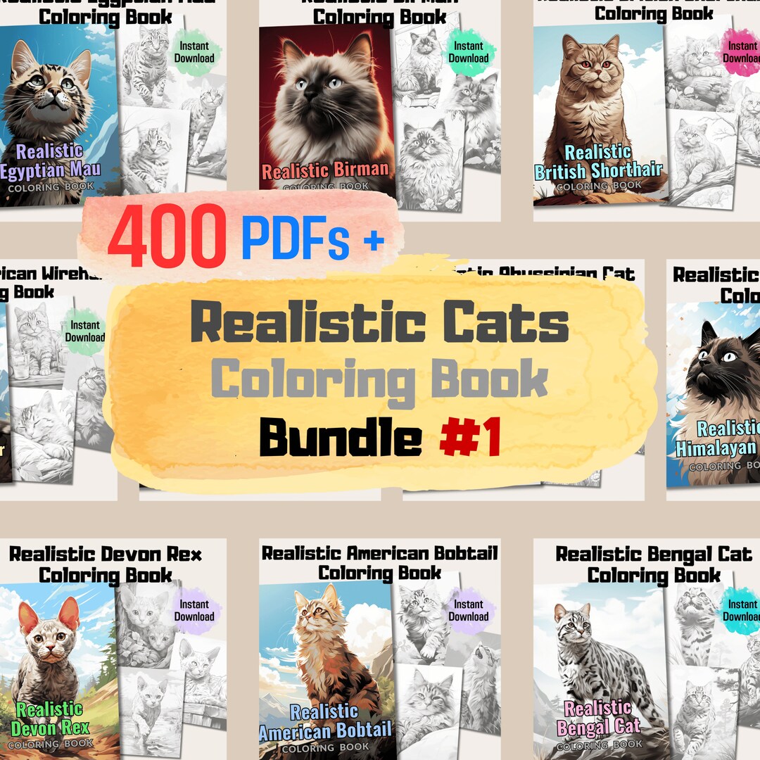 Realistic Cats Coloring Book Bundle, 400 Cats Grayscale Coloring Pages ...