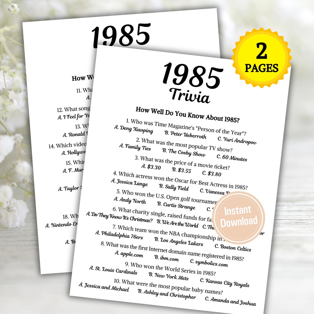 1985 Trivia Game | Printable 40th Birthday Party Game | Born in 1985 ...