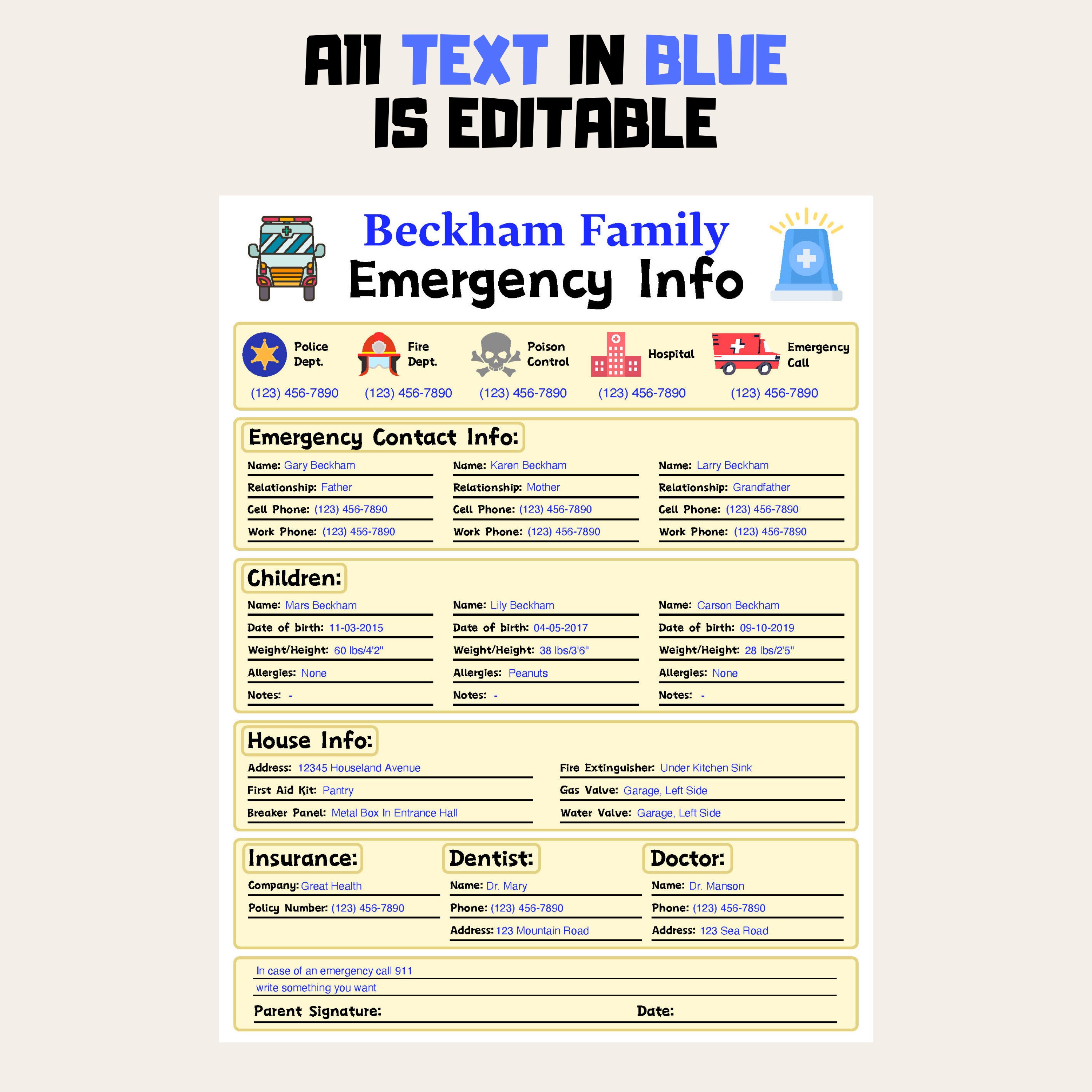 Emergency Contact Info Sheet Warm Color Tone in Case of Emergency Nanny ...