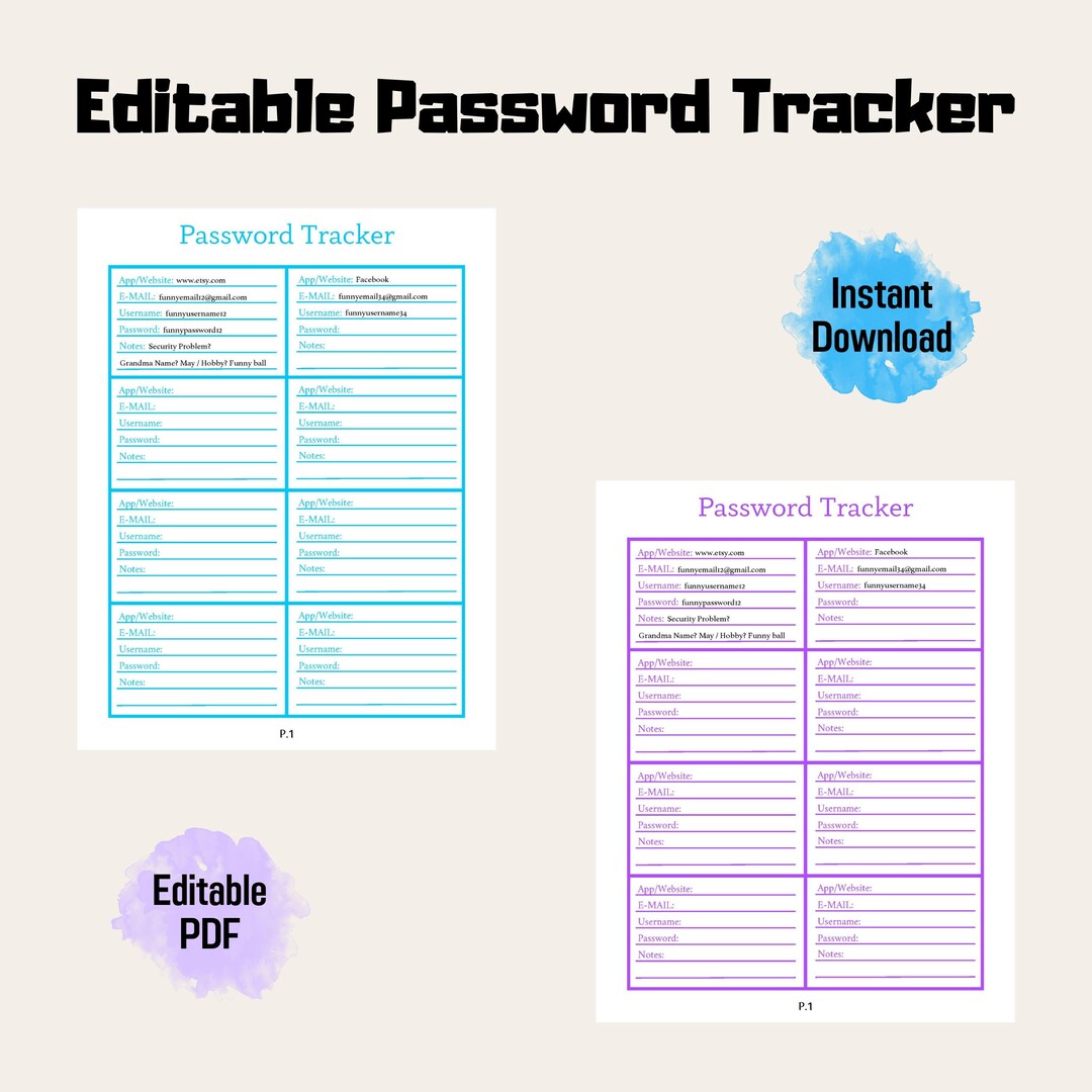 Editable Password Tracker Printable Cool Color Tone Keep - Etsy
