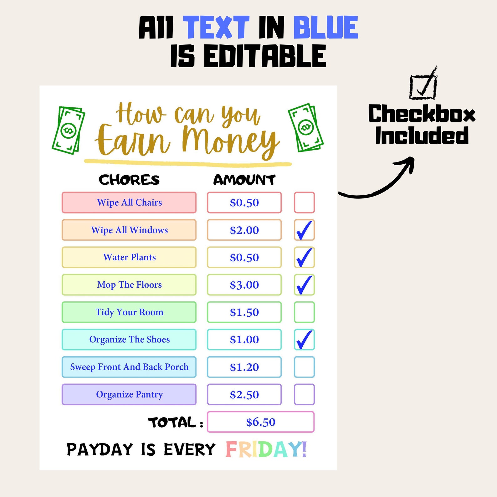 Editable Kids Earn Money Chore Chart All Color Bundle Editable ...