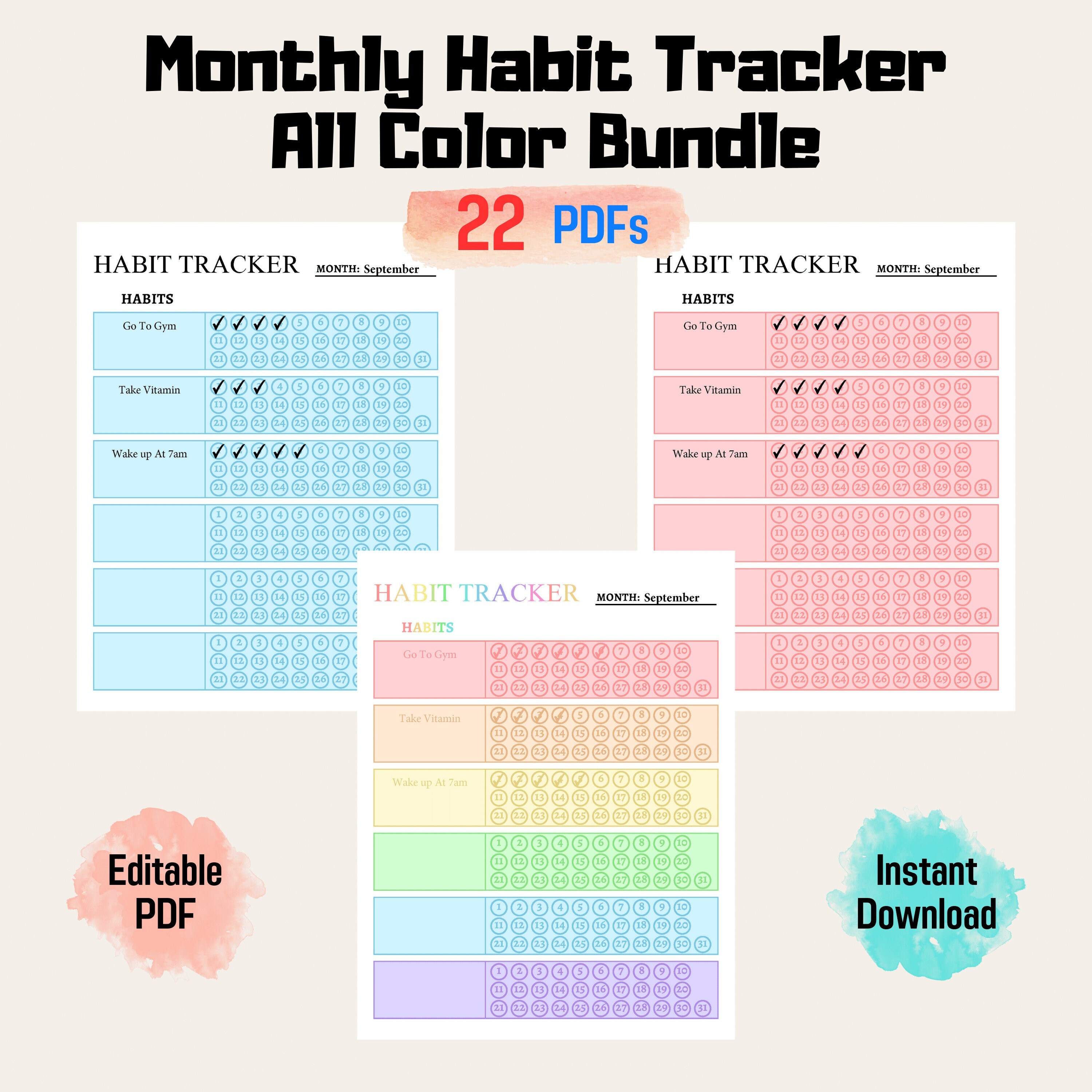 Monthly Habit Tracker All Color Bundle Printable, Habit Tracker ...