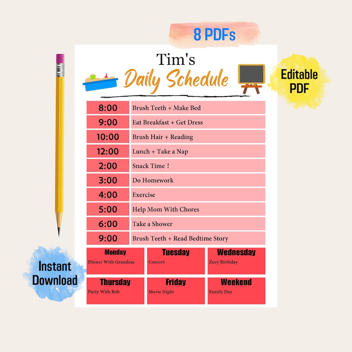 Editable Kids Daily Schedule Template Warm Color Tone, Personalized ...