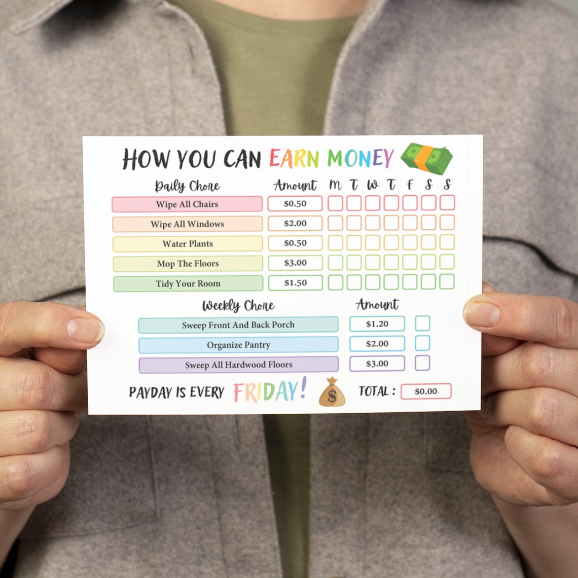 Editable Kids Chore Chart for Earning Money Rainbow Color, Editable ...