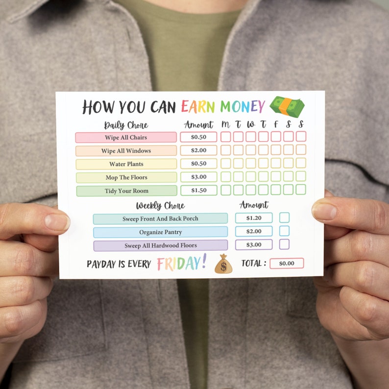 Editable Kids Chore Chart for Earning Money Rainbow Color, Editable ...