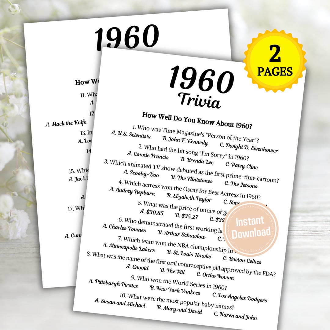 1960 Trivia Game | Printable 65th Birthday Party Game | Born in 1960 ...