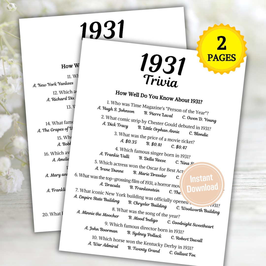 1931 Trivia Game | Printable 94th Birthday Party Game | Born in 1931 ...