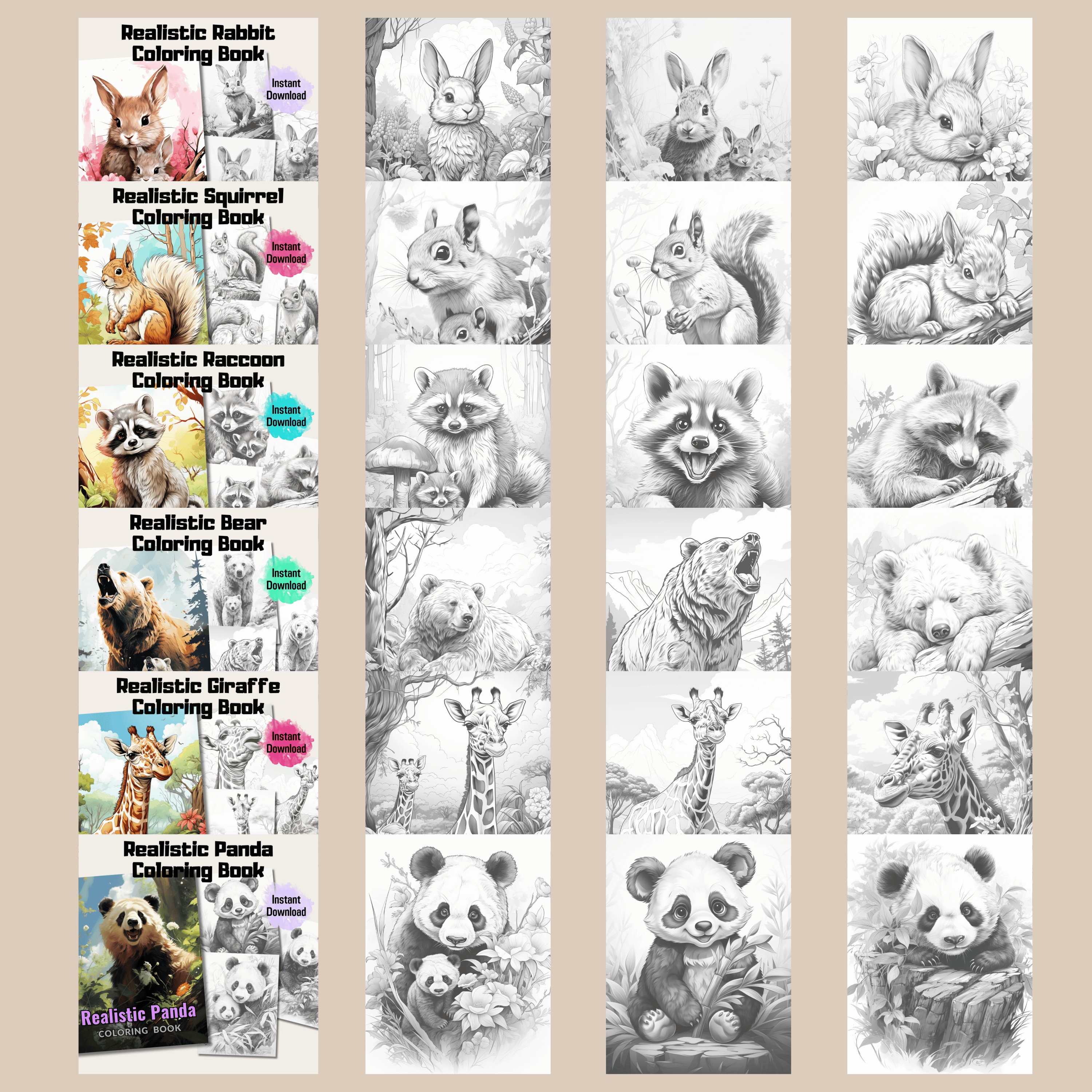 400-pages Realistic Animals Coloring Book Bundle, Grayscale Coloring ...