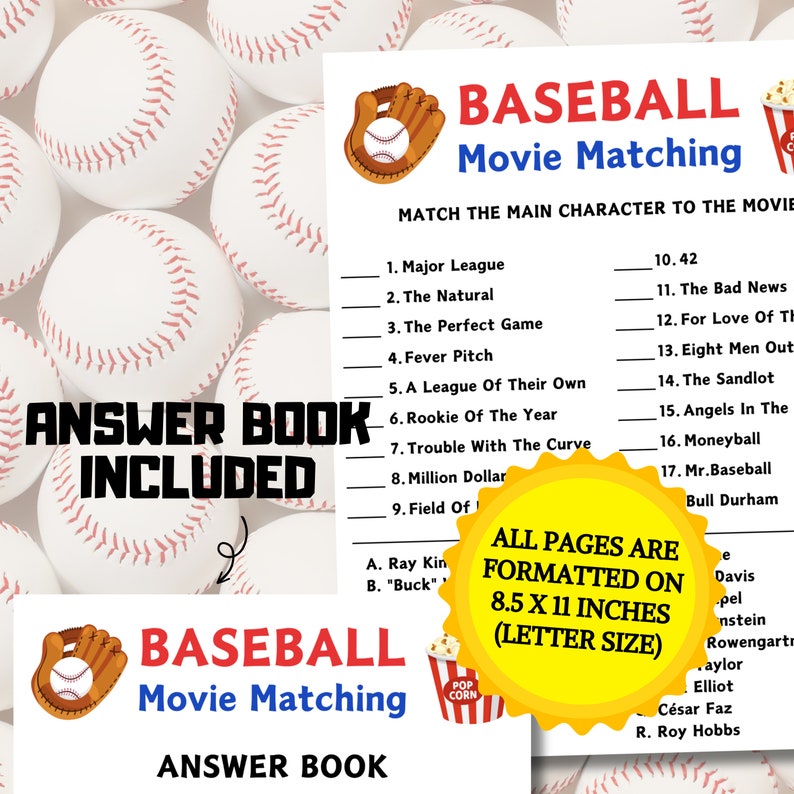Baseball Movie Matching Game | Baseball Movie Match up Trivia Game ...