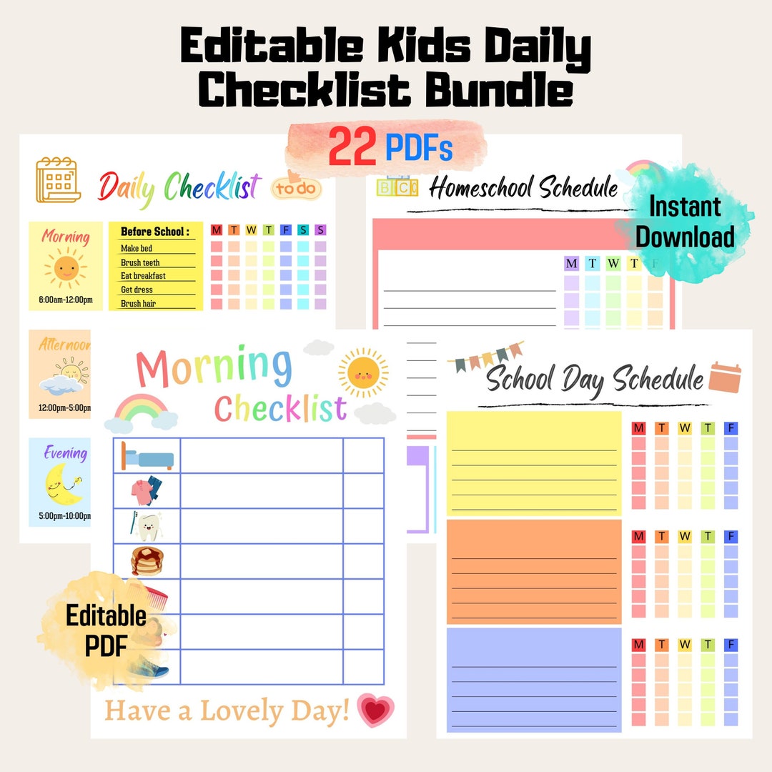 Editable Kids Daily Checklist Bundle, Kids Morning / Bedtime Routine ...
