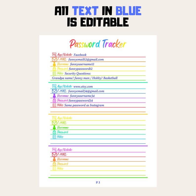 Editable Password Tracker All Color Bundle Half Letter/letter Size/a4 ...