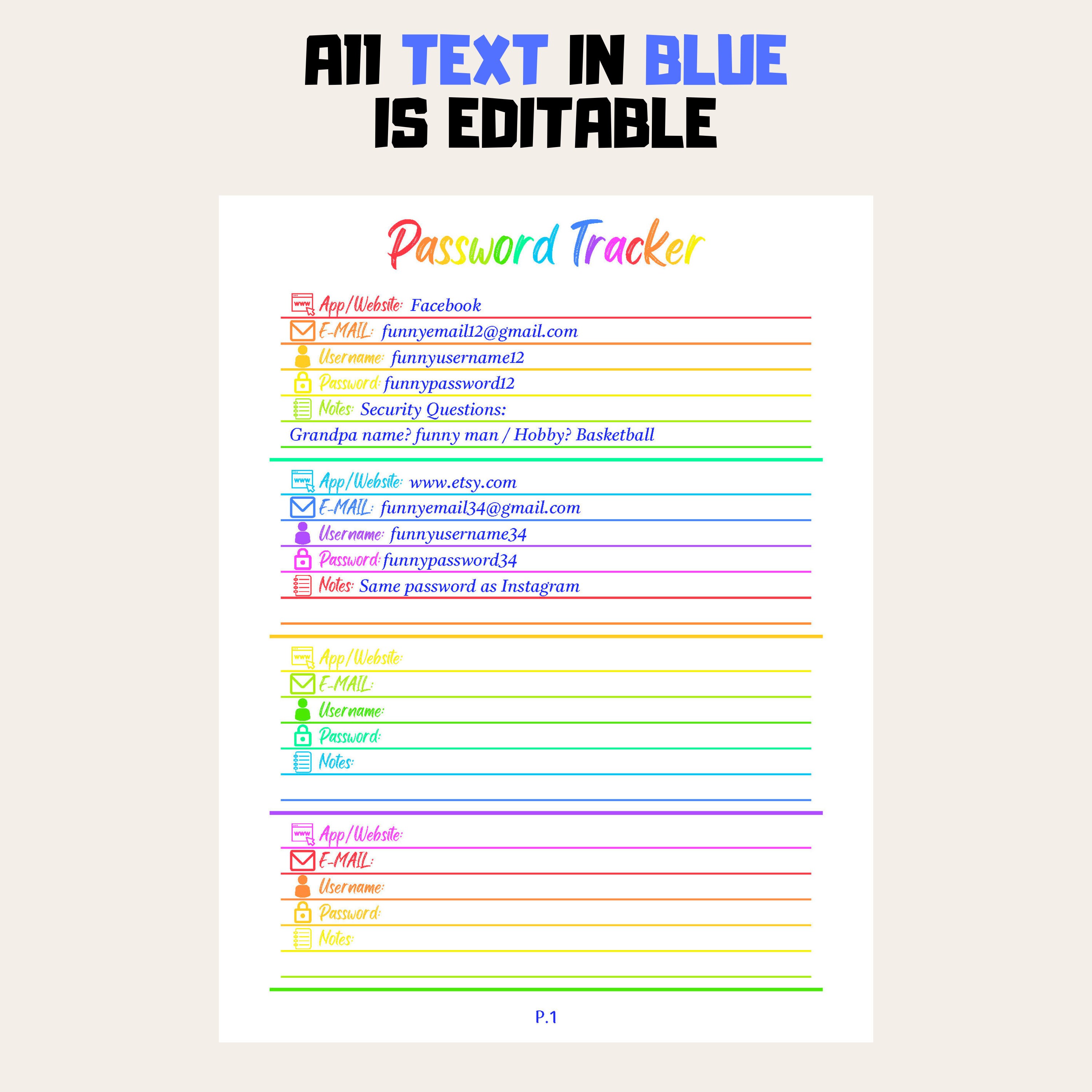 Editable Password Tracker All Color Bundle Half Letter/letter Size/a4 ...