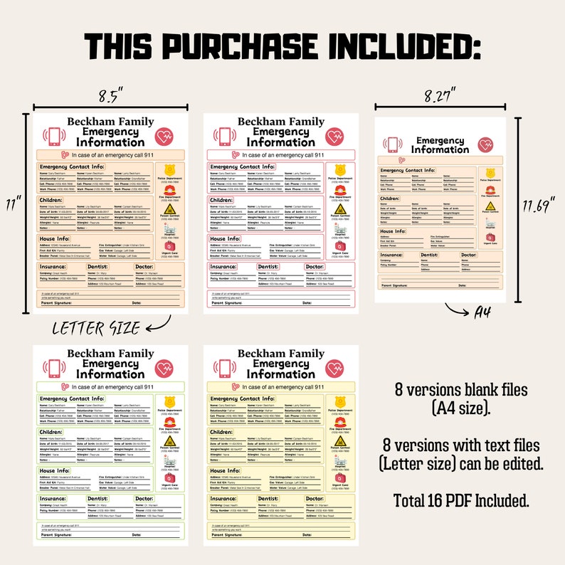 Printable Emergency Information Sheet Warm Color Tone Emergency Contact ...