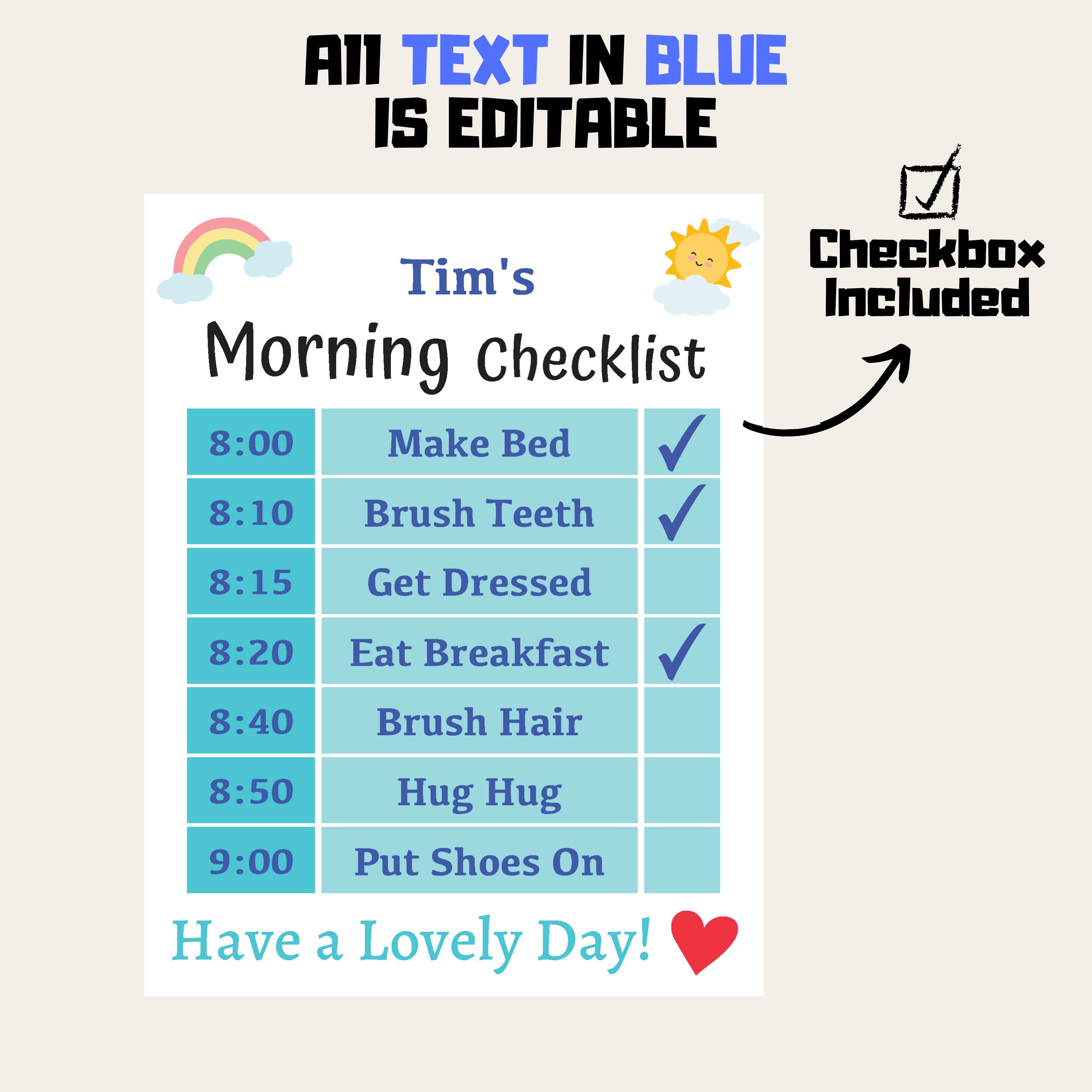 Editable Kids Morning/bedtime Checklist Cool Color Tone Kids Daily ...