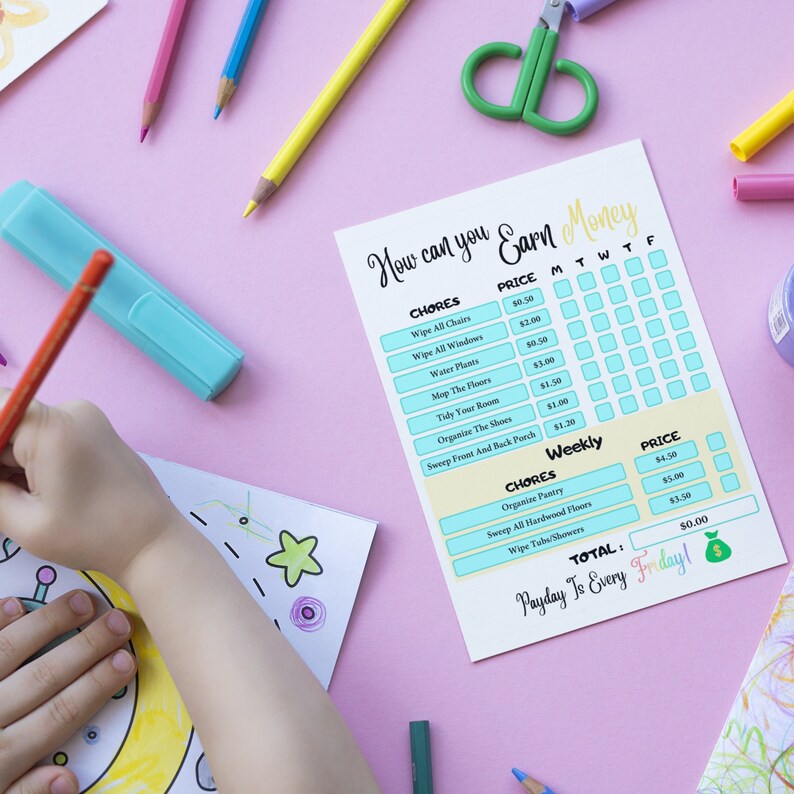 Editable Chore Chart for Kids Cool Color Tone, Editable Allowance Chore ...