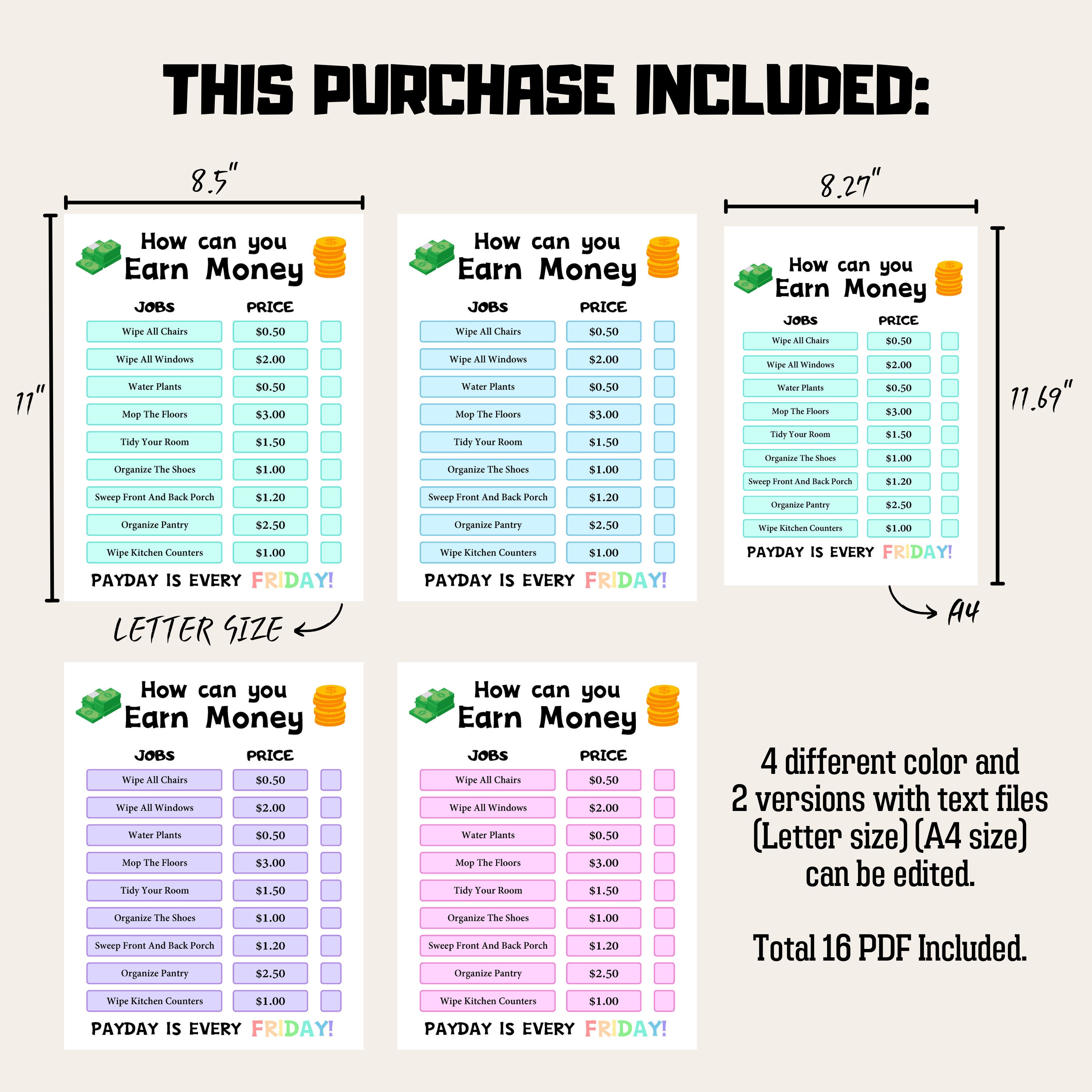 How to Earn Money Chore Chart Cool Color Tone, Printable Allowance ...