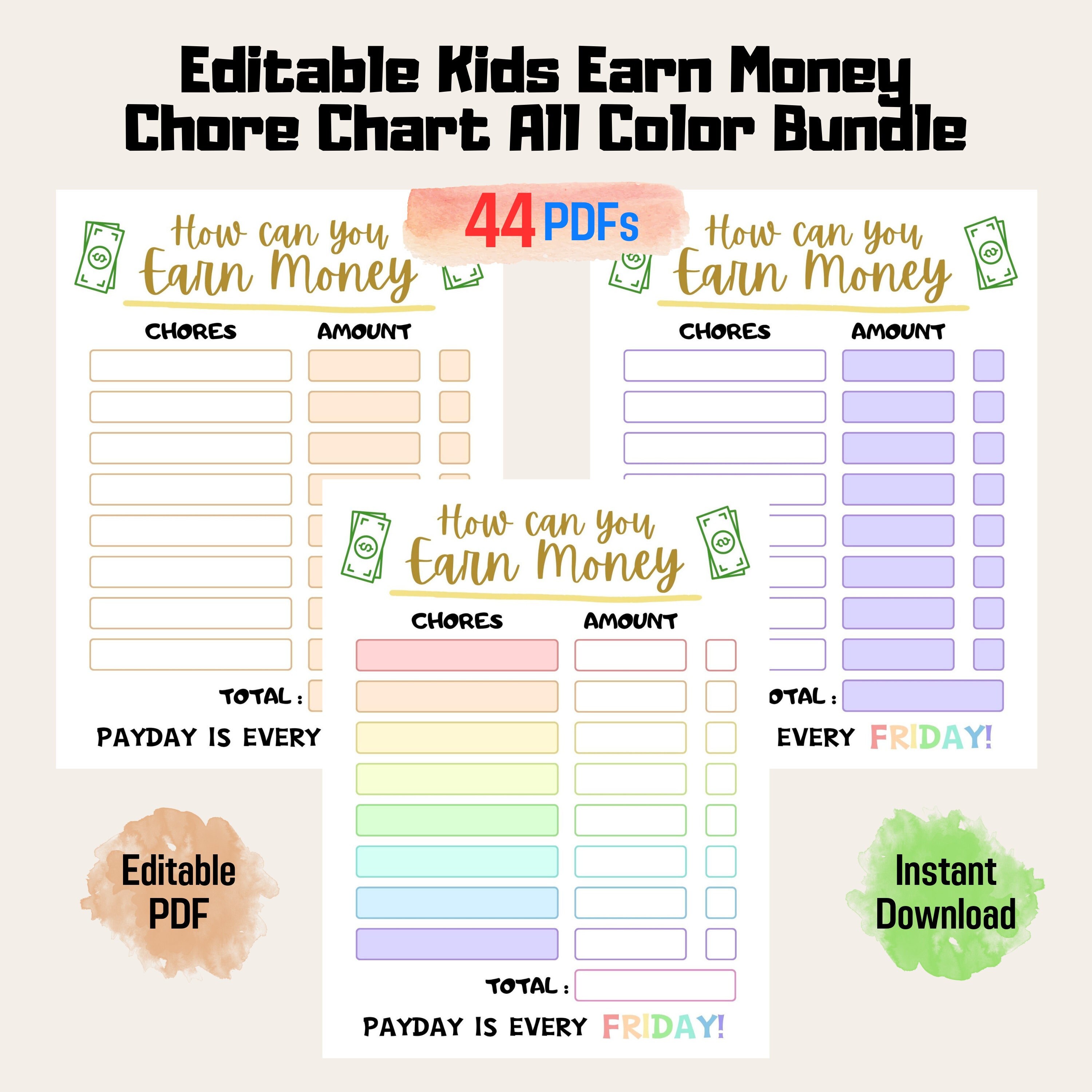 Editable Kids Earn Money Chore Chart All Color Bundle - Etsy