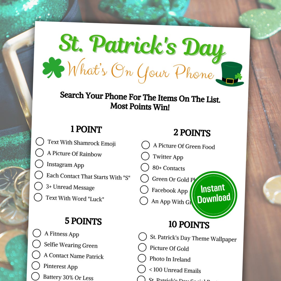 St. Patrick's Day What's on Your Phone Game | Printable St. Pattys ...