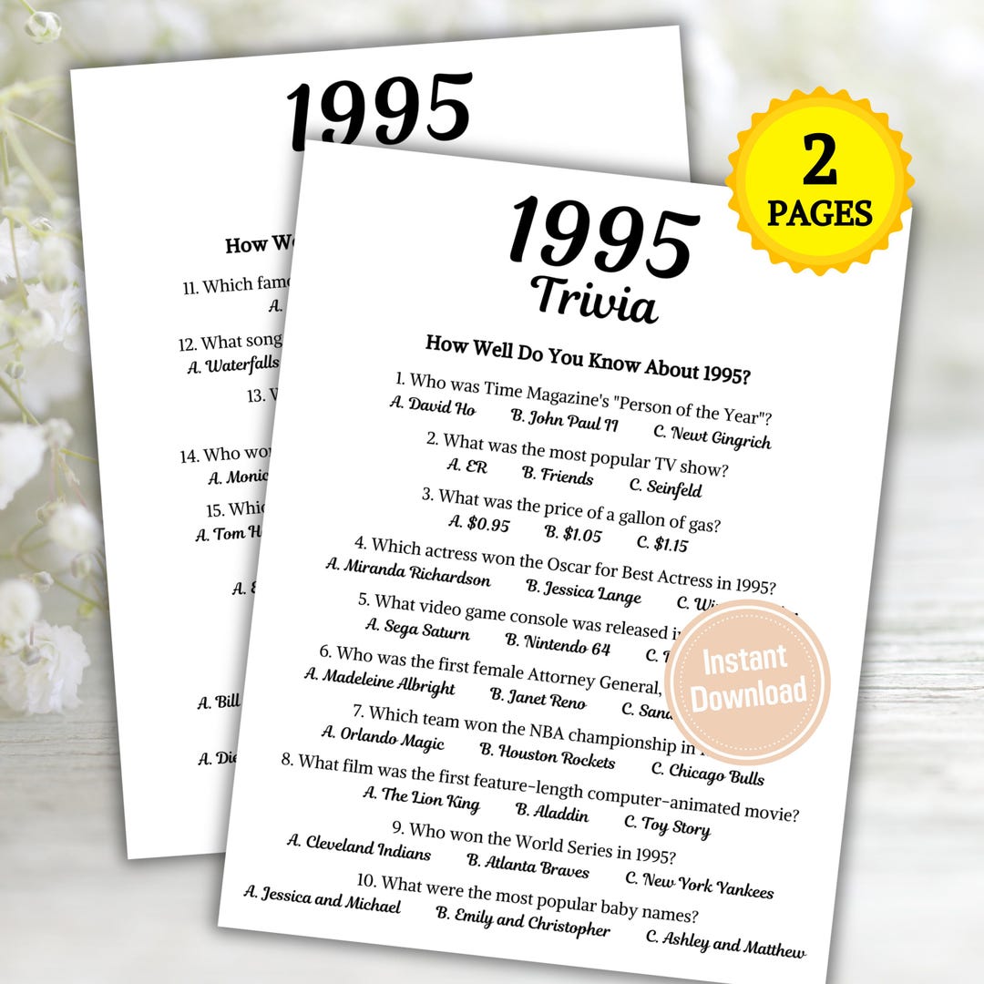 1995 Trivia Game | Printable 30th Birthday Party Game | Born in 1995 ...