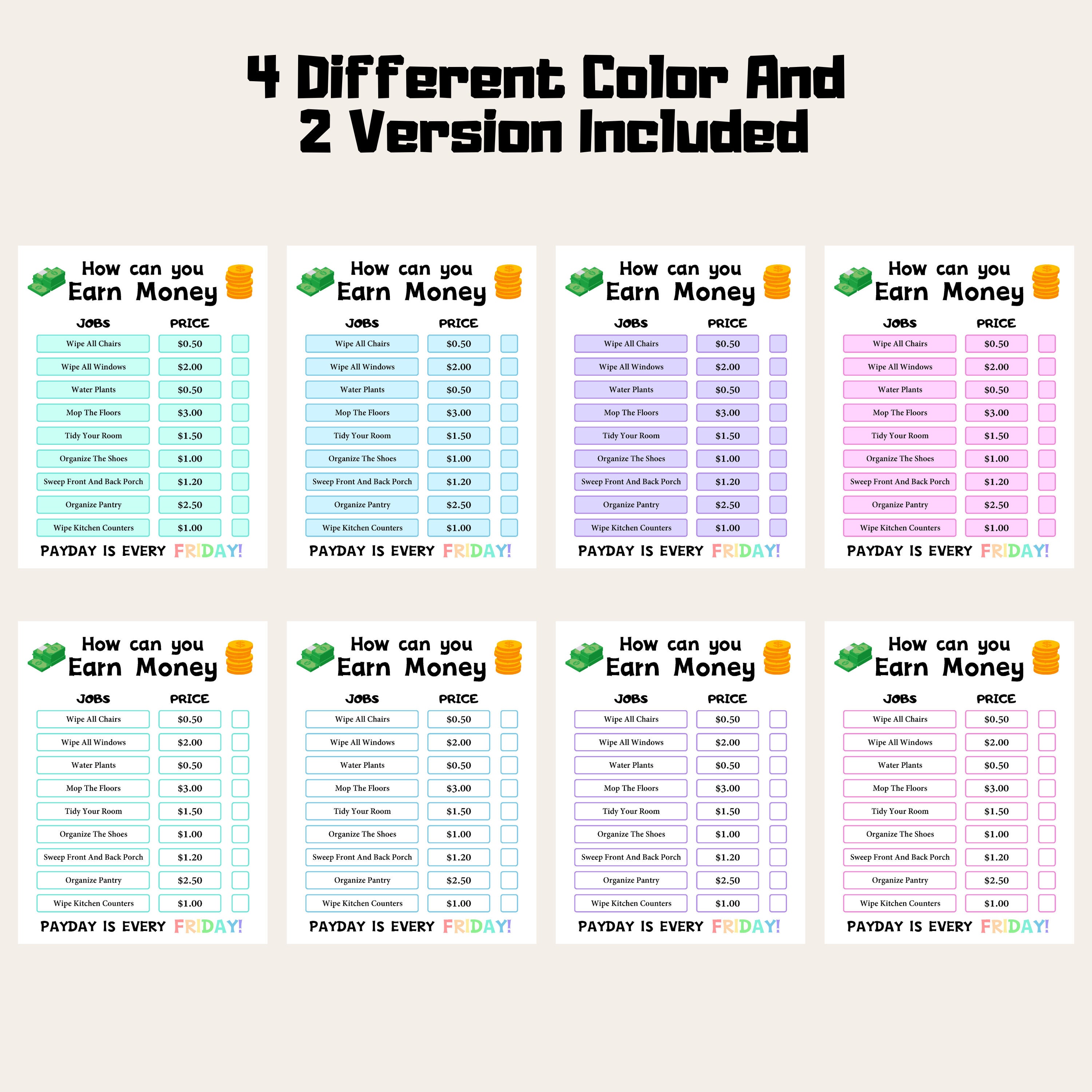 How to Earn Money Chore Chart Cool Color Tone, Printable Allowance ...