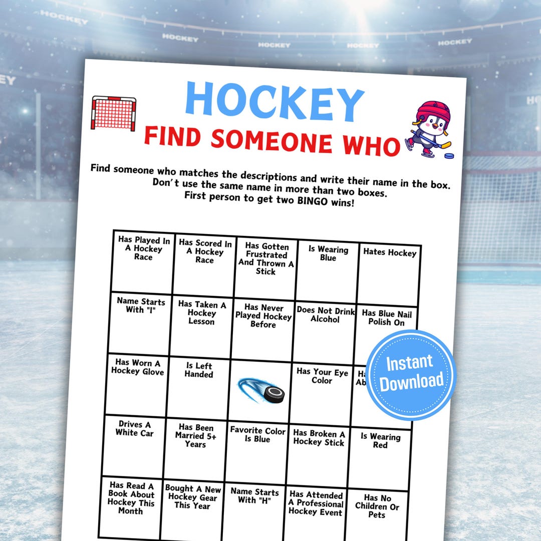 Hockey Find Someone Who Game | Printable Hockey Find the Guest Bingo ...