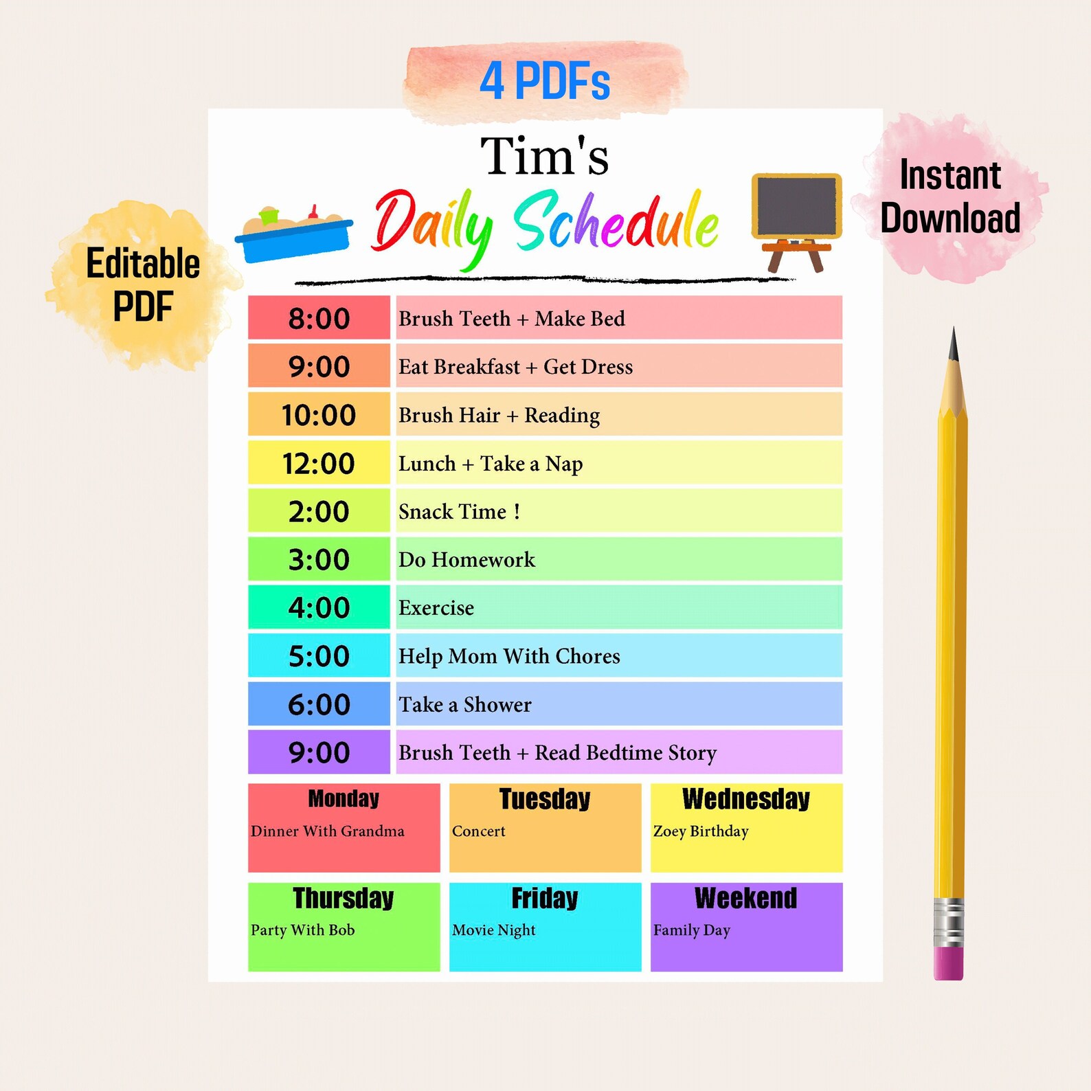 Kids Fillable Daily Schedule Rainbow Color, Daily Routine ...