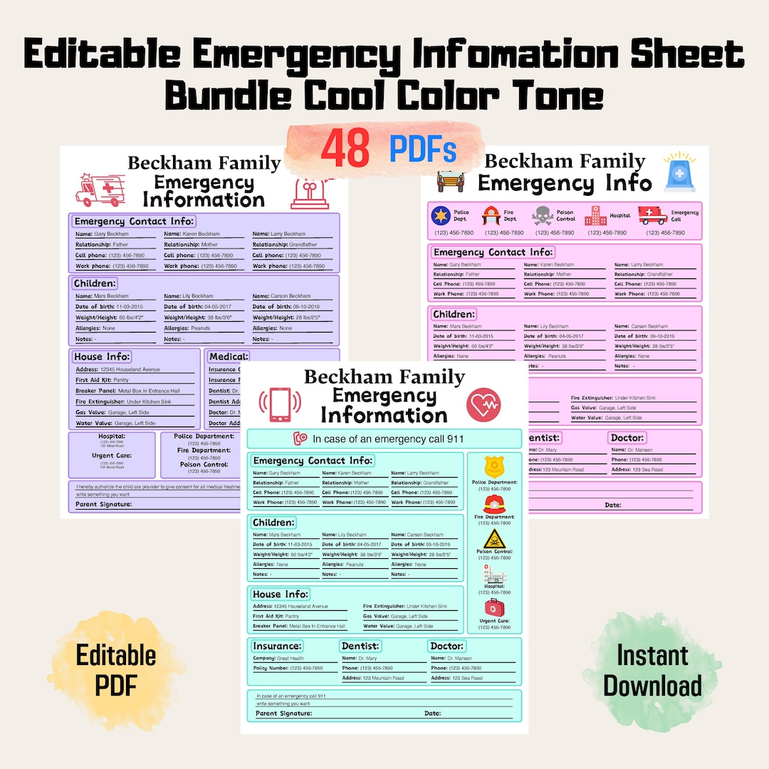 Editable Emergency Information Sheet Bundle Cool Color Tone | Important ...