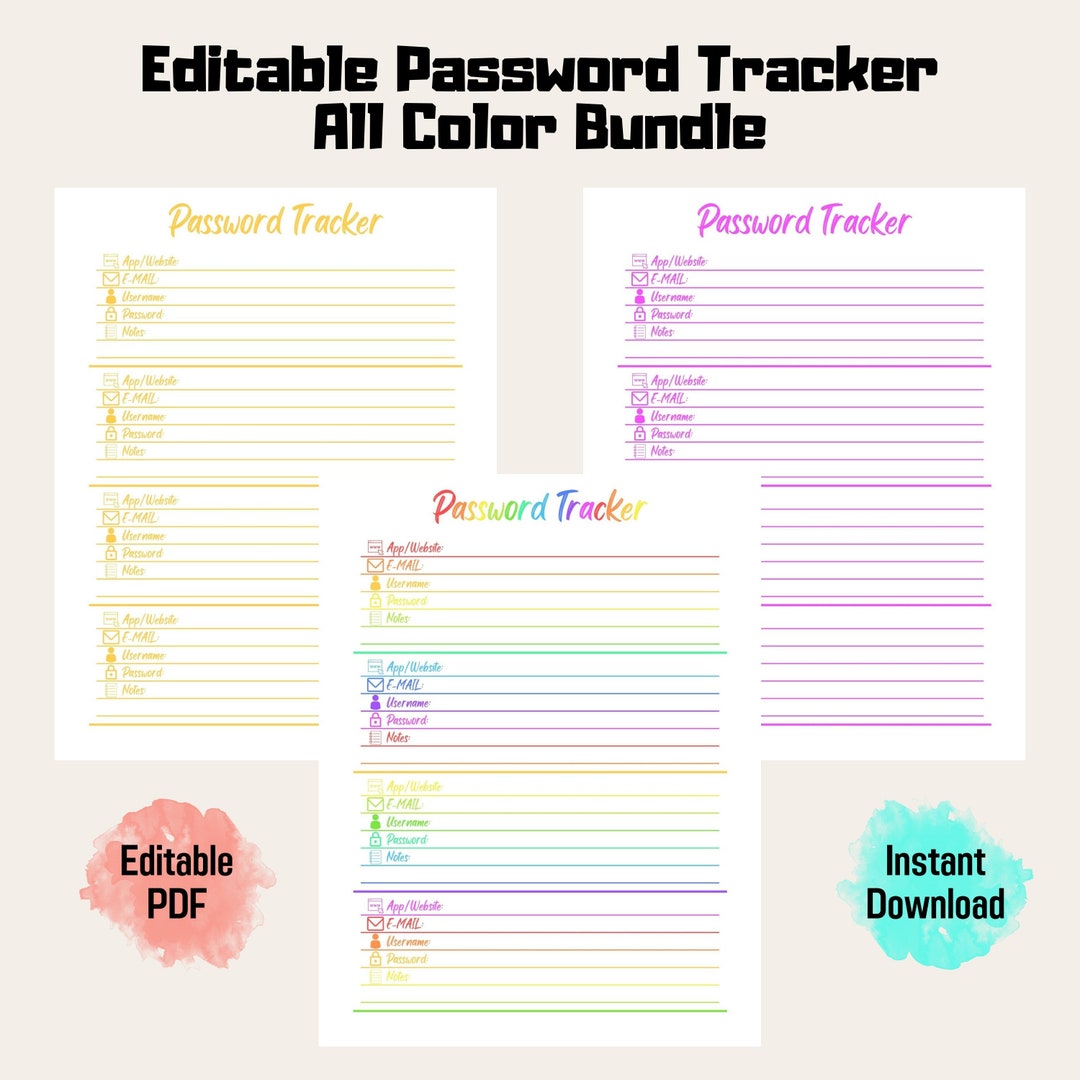 Editable Password Tracker All Color Bundle Password Tracker - Etsy