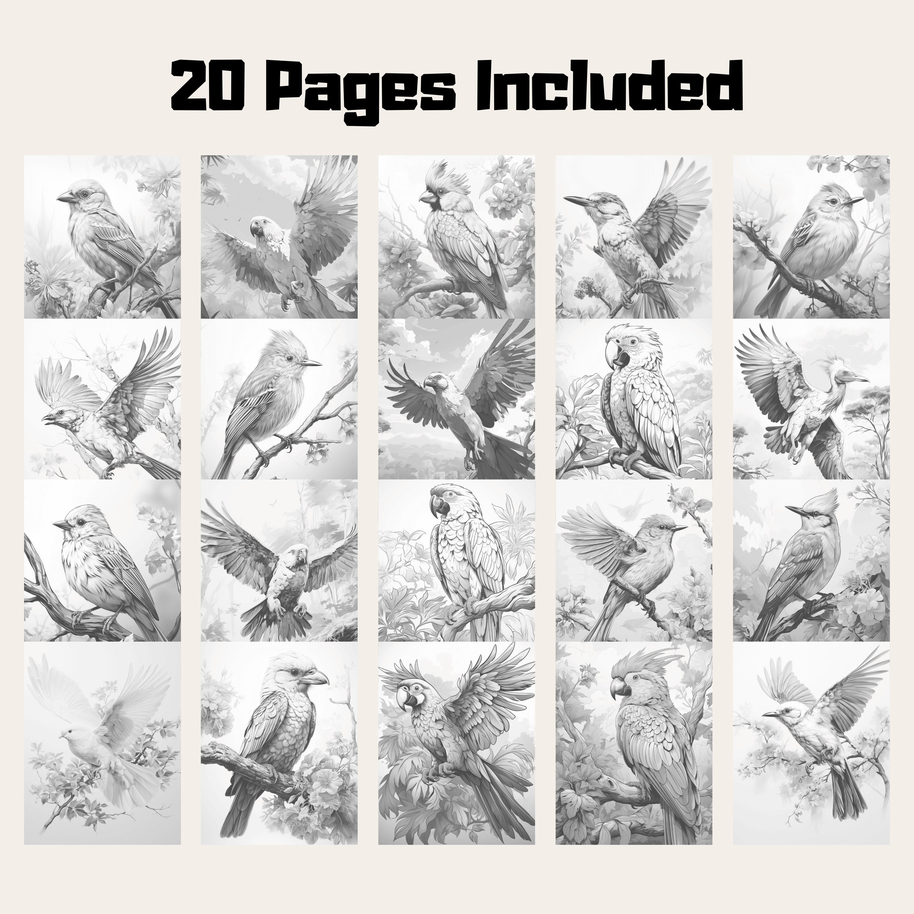 20 Realistic Bird Grayscale Coloring Book, 20 Detailed Designs for All ...