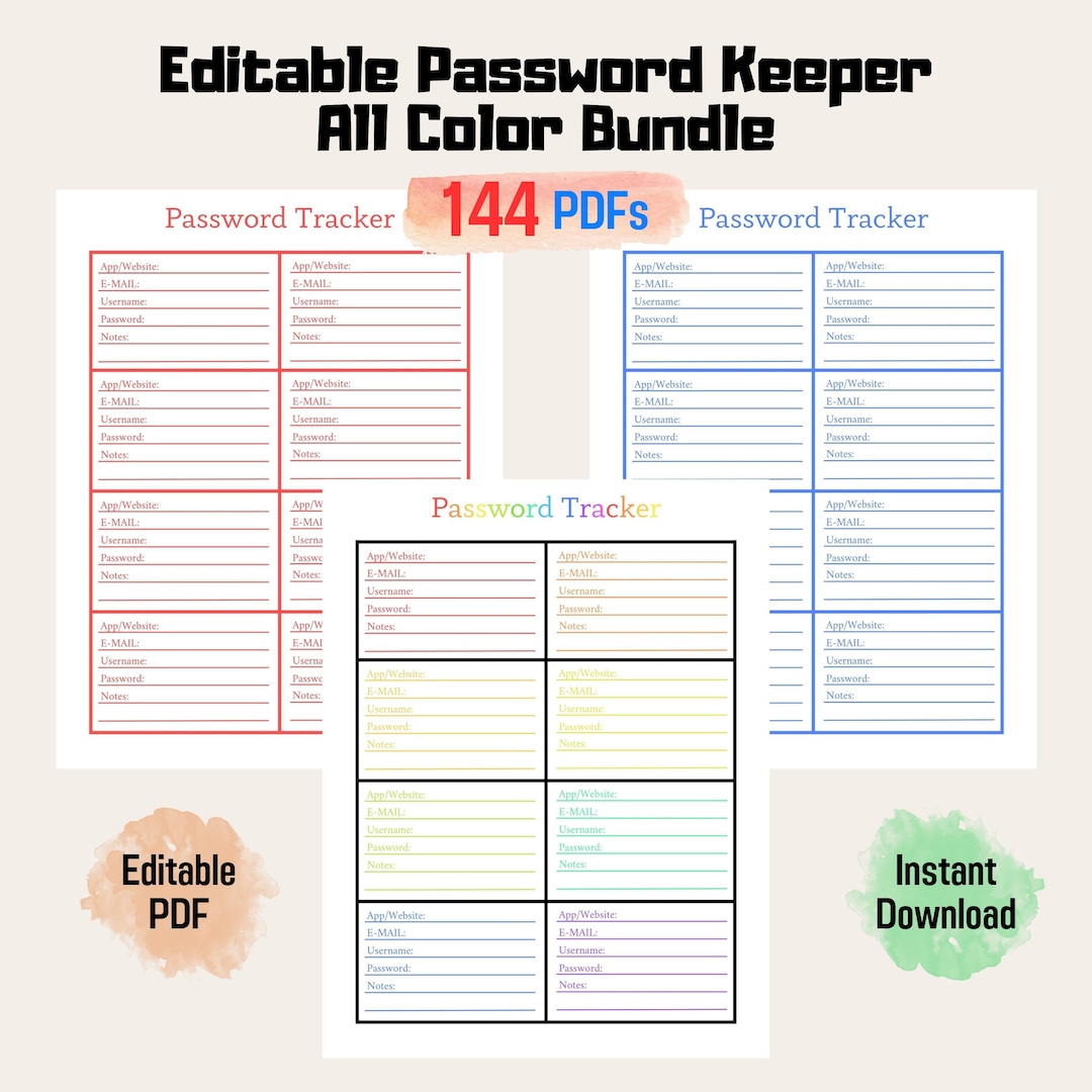 Editable Password Keeper Printable All Color Bundle, Fillable Password ...
