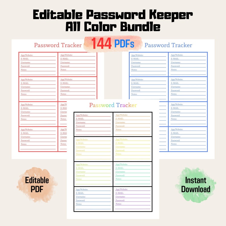 Editable Password Keeper Printable All Color Bundle, Fillable Password ...