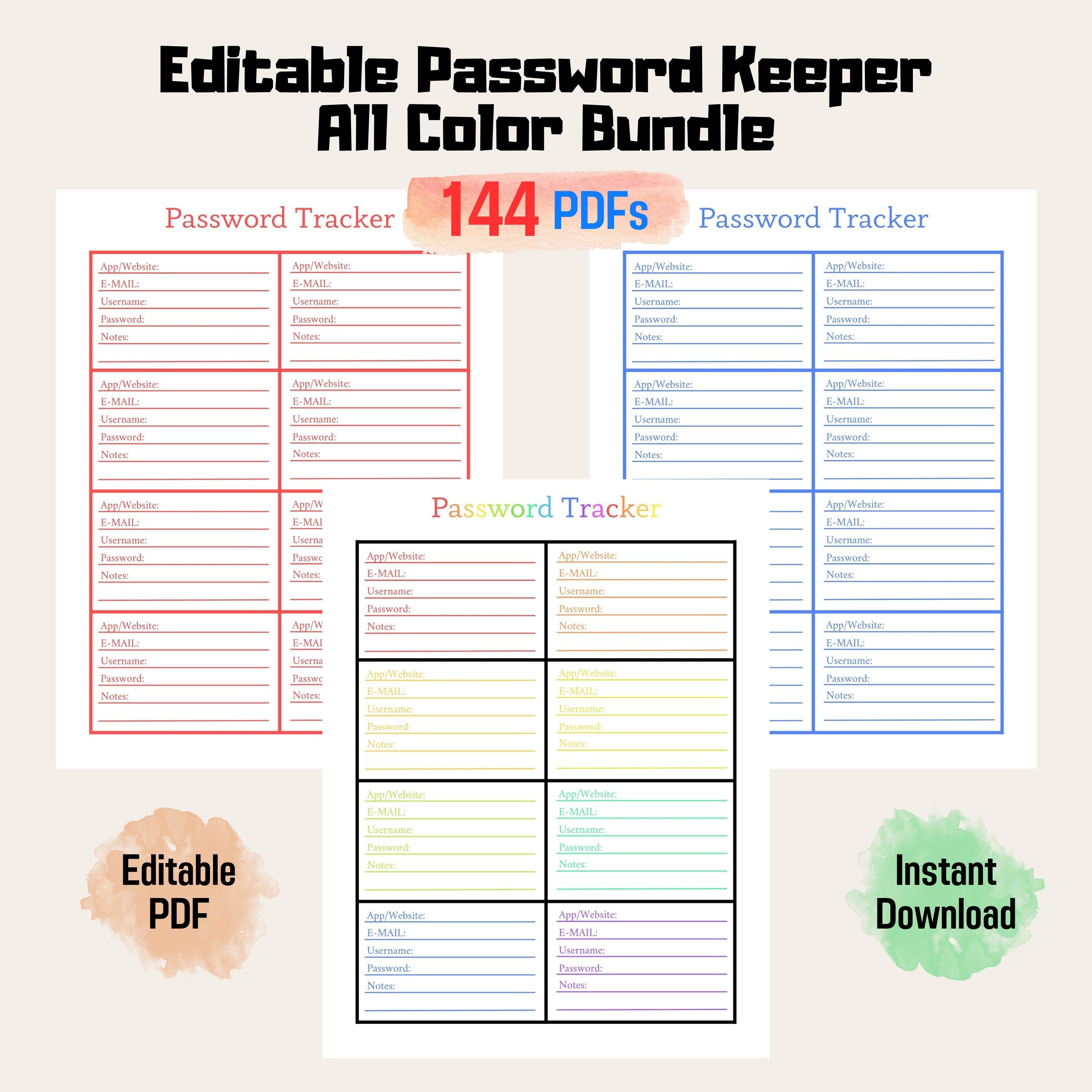 Editable Password Keeper Printable All Color Bundle, Fillable Password ...