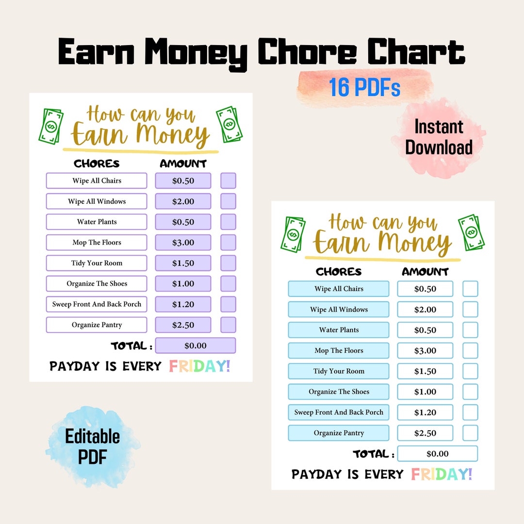 How to Earn Money Chore Chart for Kids Cool Color Tone Printable ...
