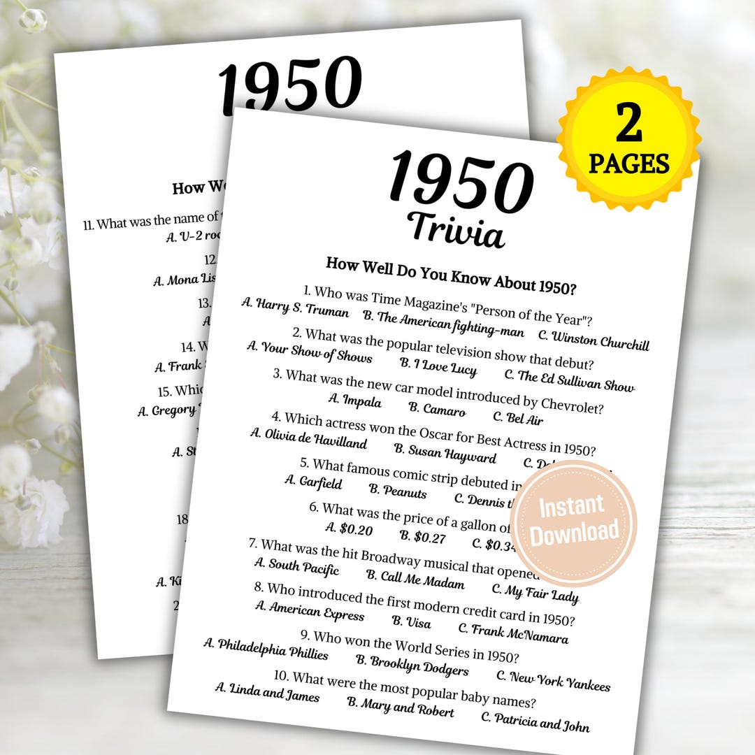 1950 Trivia Game | Printable 75th Birthday Party Game | Born in 1950 ...