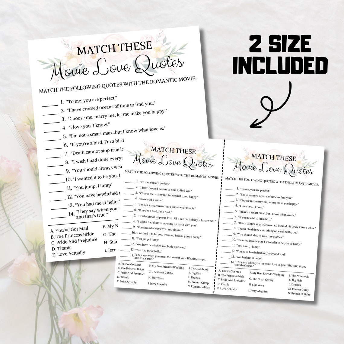 Movie Love Quotes Matching Game | Floral Wedding Shower | Printable ...