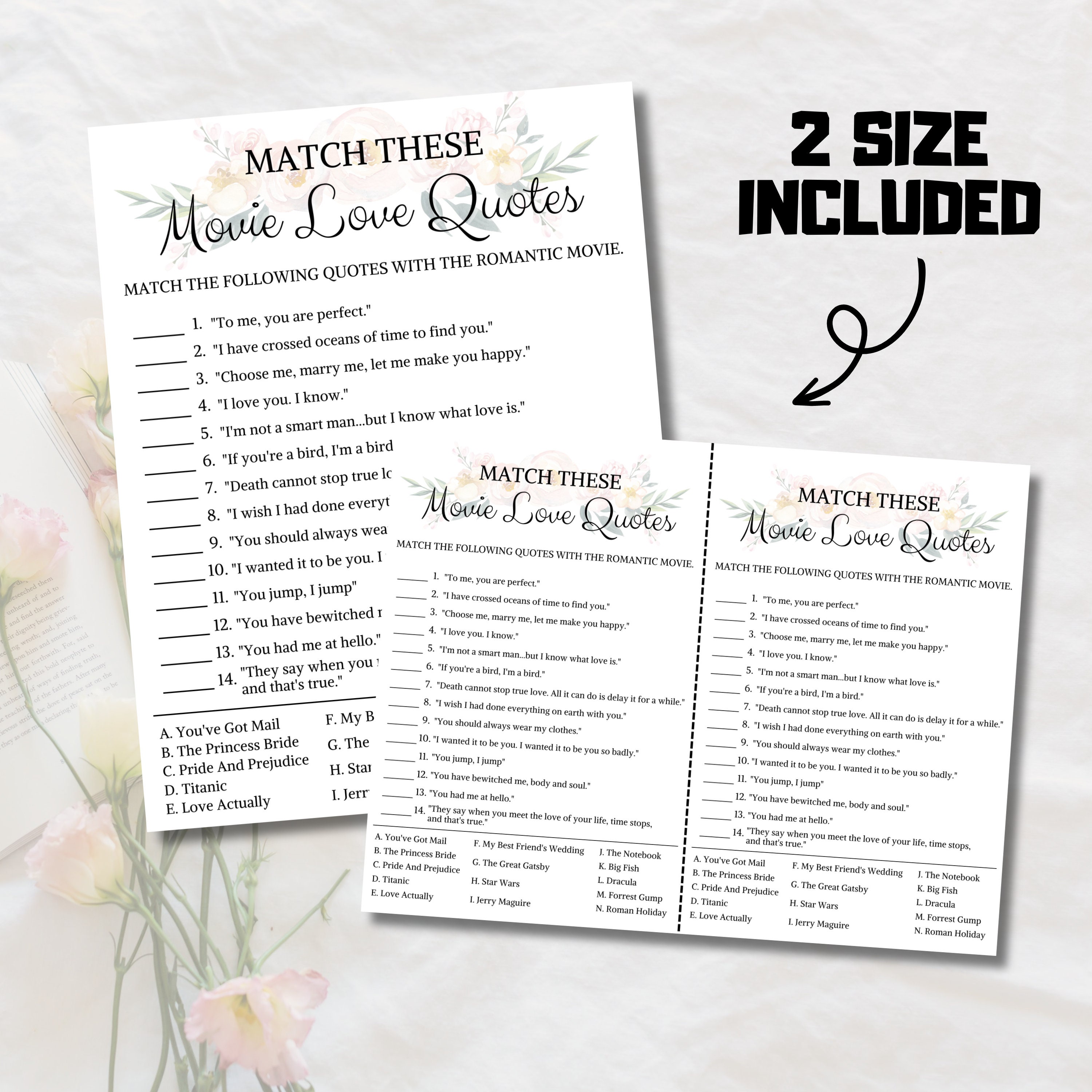Movie Love Quotes Matching Game Floral Wedding Shower Printable Bridal ...