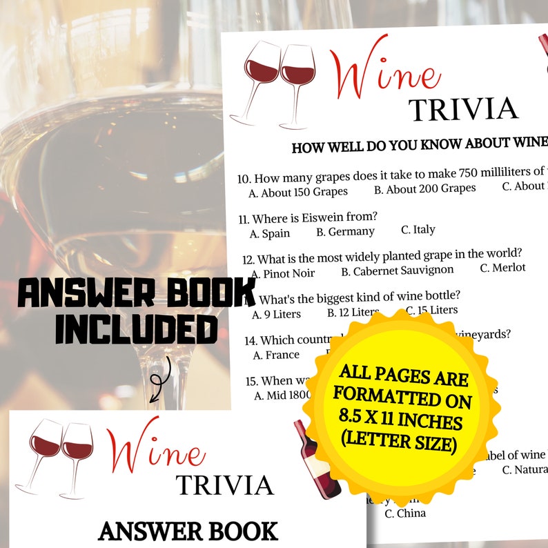 Wine Trivia Game | Wine Knowledge Quiz Game | Printable Wine Party ...