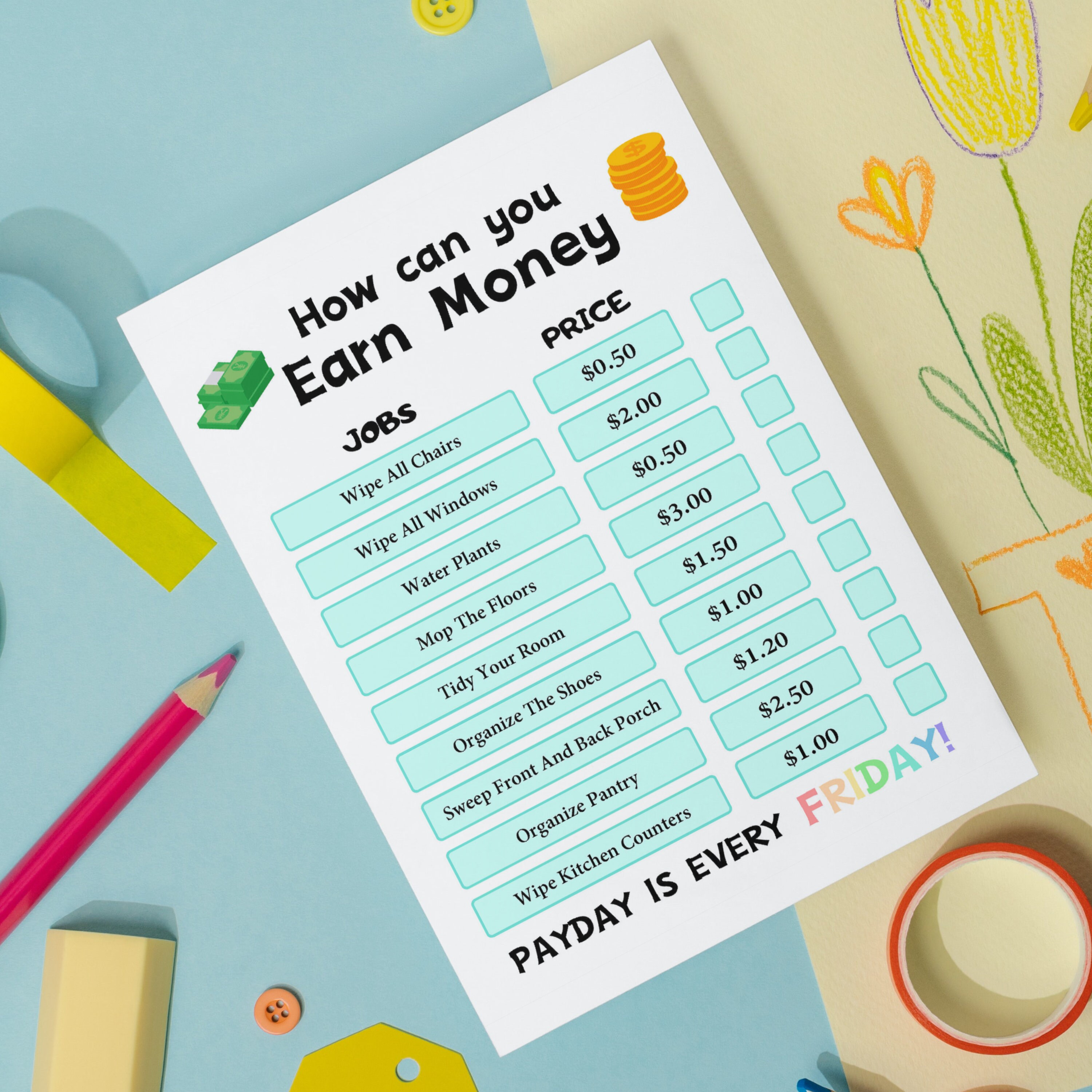 How to Earn Money Chore Chart Cool Color Tone, Printable Allowance ...