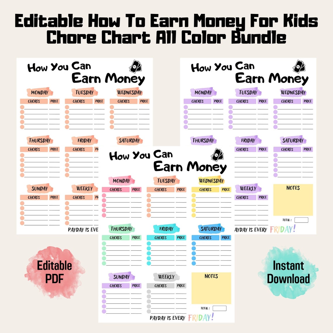 Editable How to Earn Money for Kids Chore Chart All Color - Etsy