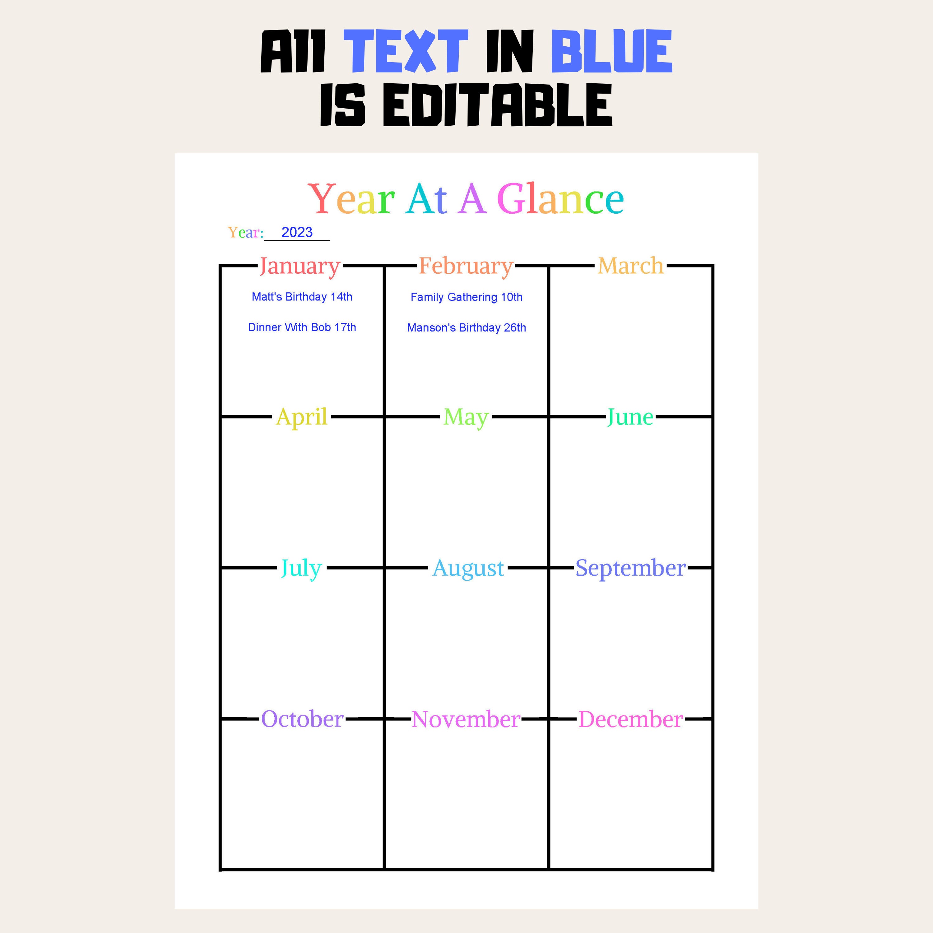 Editable Year at a Glance Planner Rainbow Color Tone, Planner Refills ...