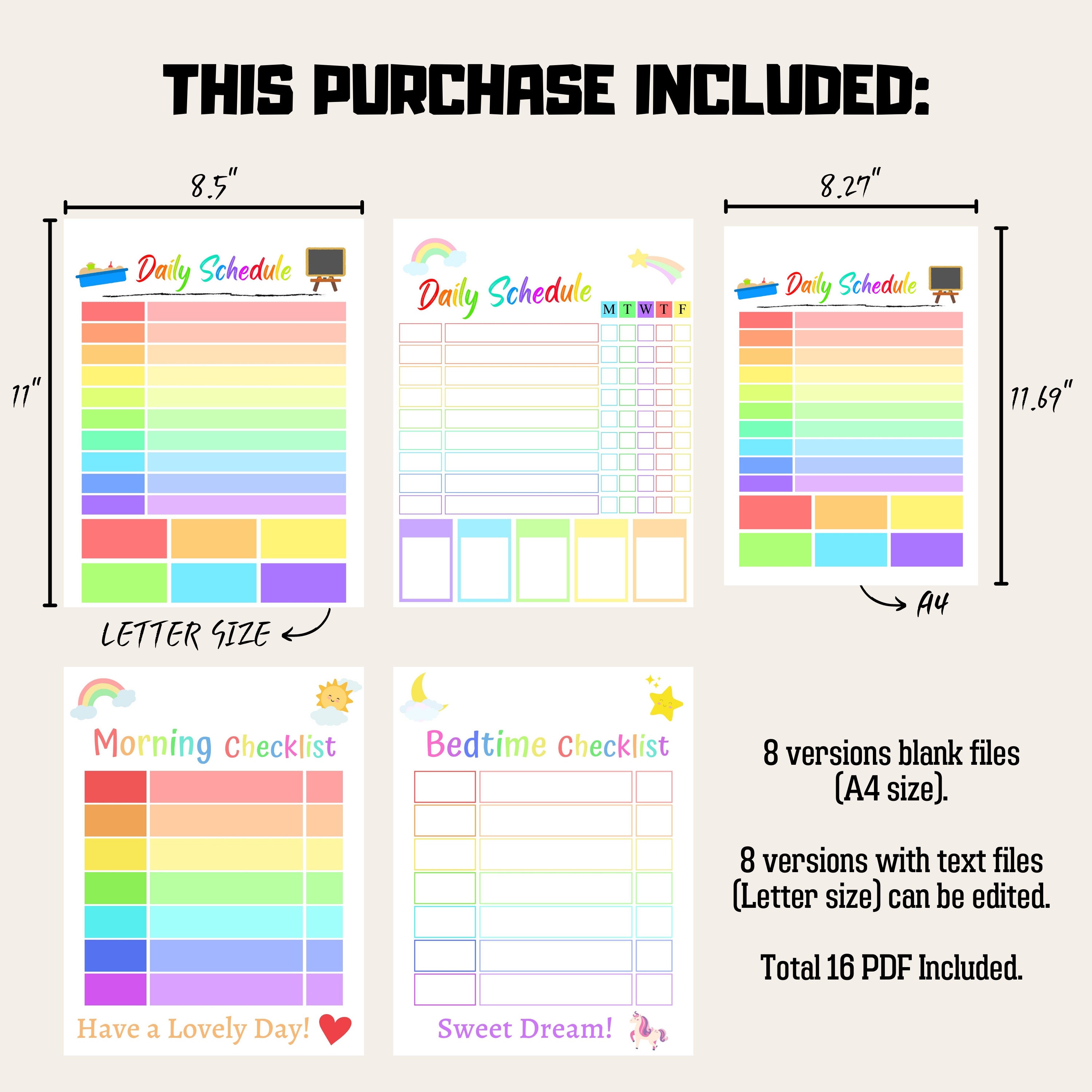 Editable Kids Morning/bedtime Checklist Bundle Rainbow Color, Kids ...