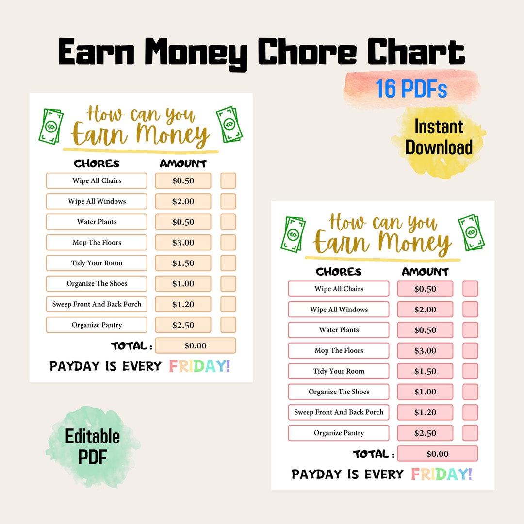 Printable How to Earn Money Chore Chart for Kids Warm Color Tone ...