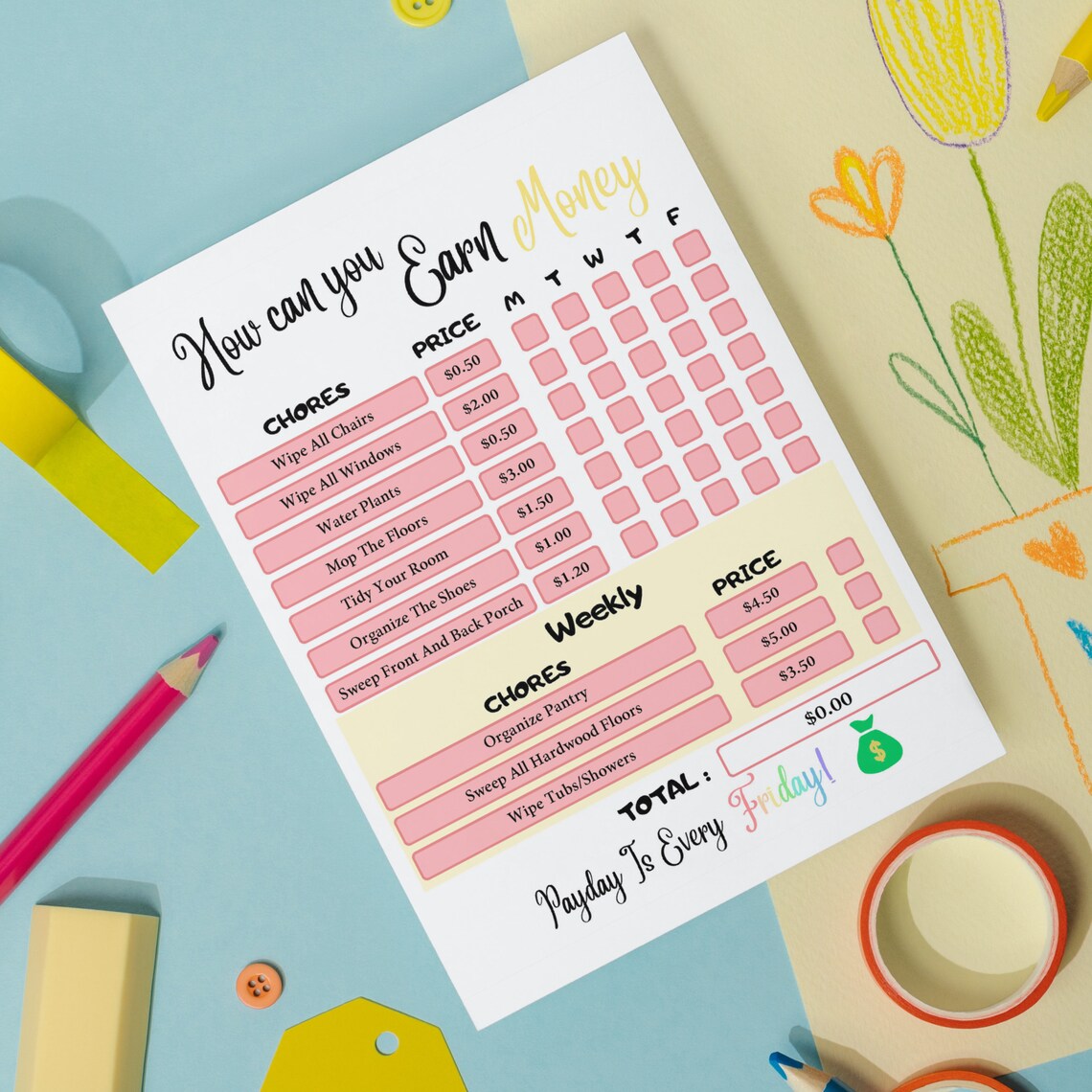 Editable Chore Chart for Kids Warm Color Tone, Editable Allowance ...