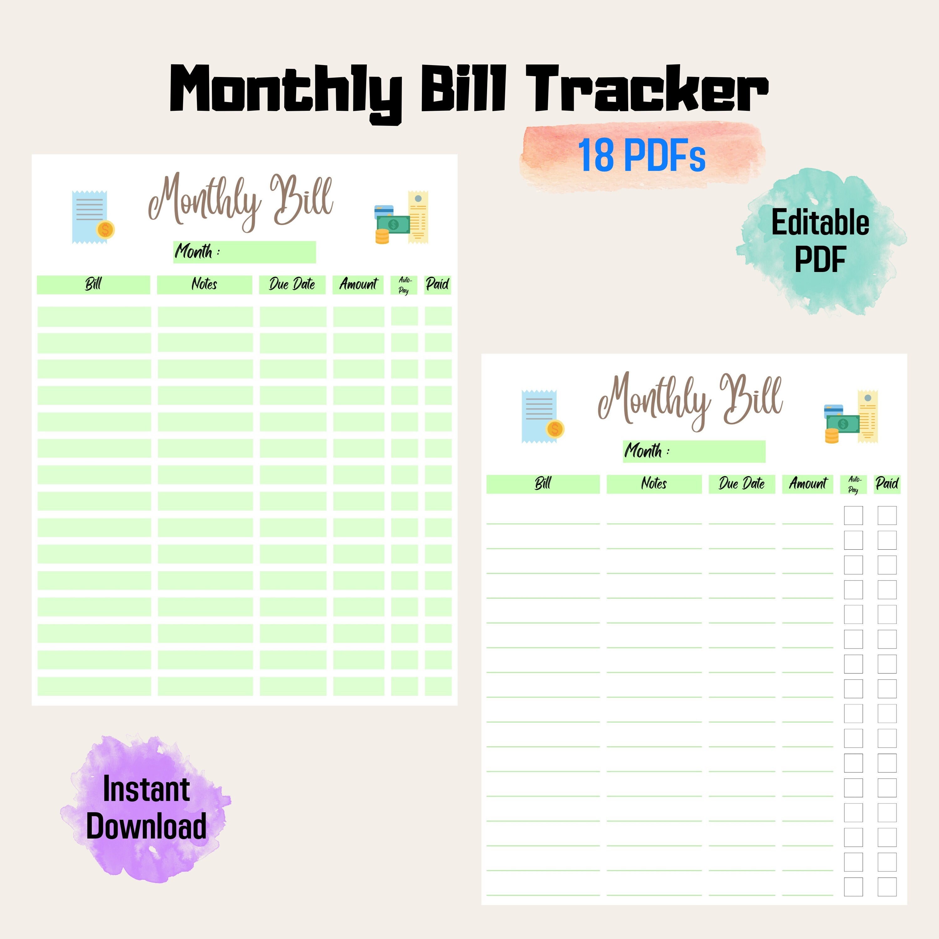 Editable Monthly Bill Payment Tracker Cool Color Tone, Monthly Bill Log ...