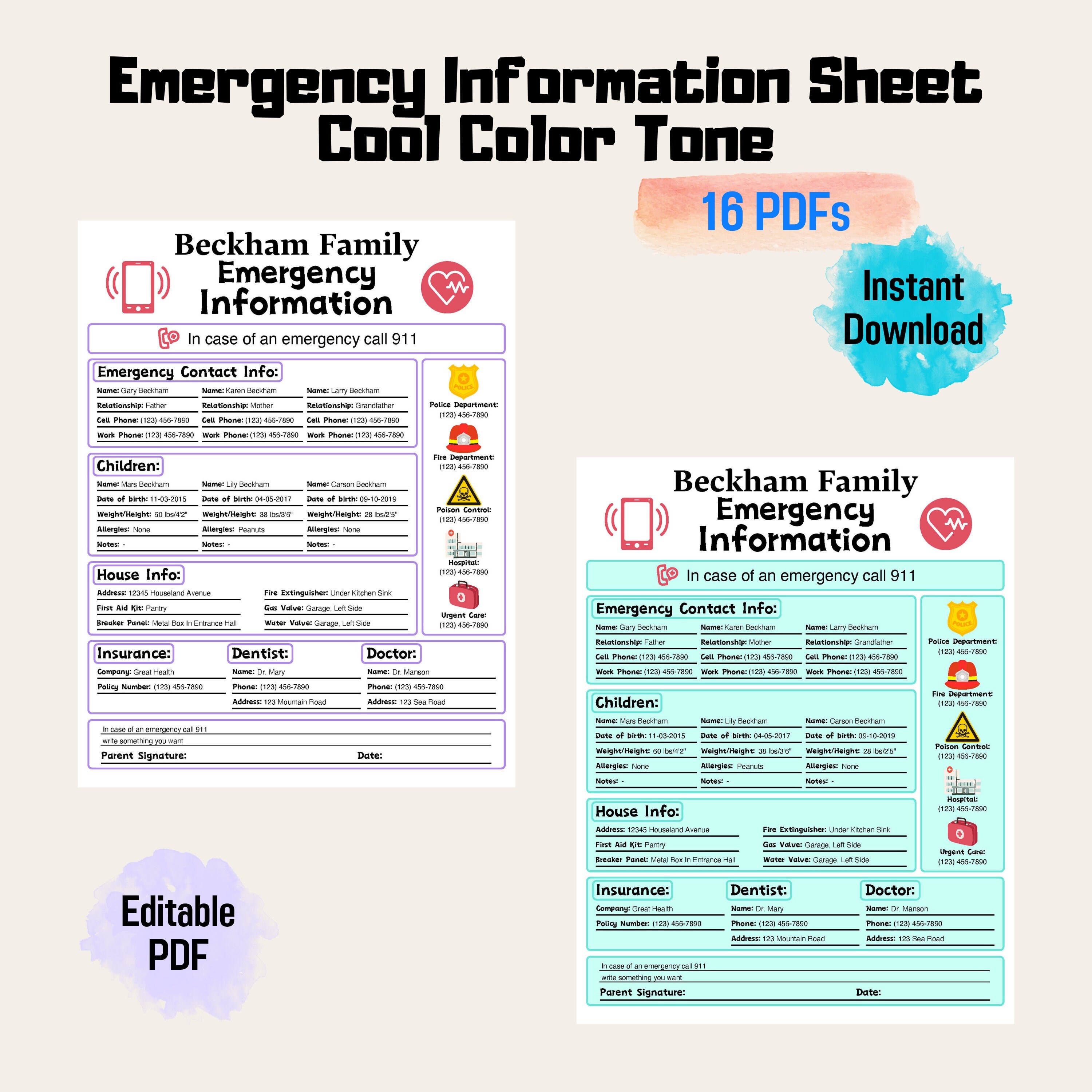 Printable Emergency Information Sheet Cool Color Tone Babysitter Info ...