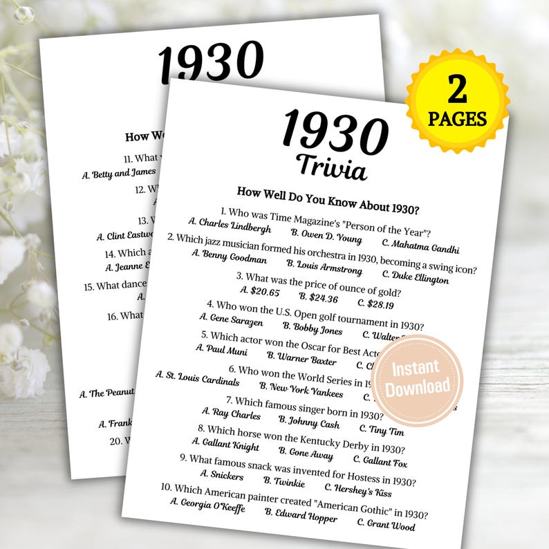 1930 Trivia Game | Printable 96th Birthday Party Game | Born in 1930 ...