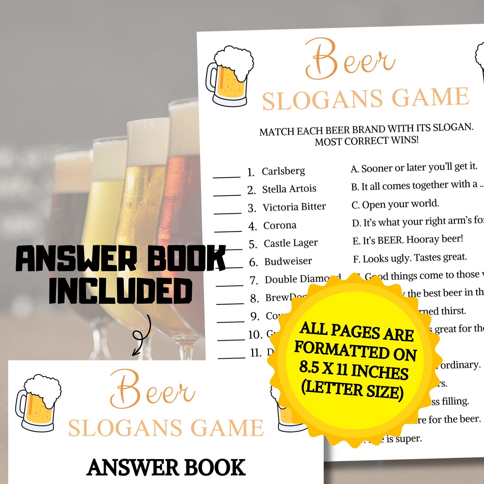 Beer Slogans Game | Printable Beer Tagline Games | Beer Party Trivia ...