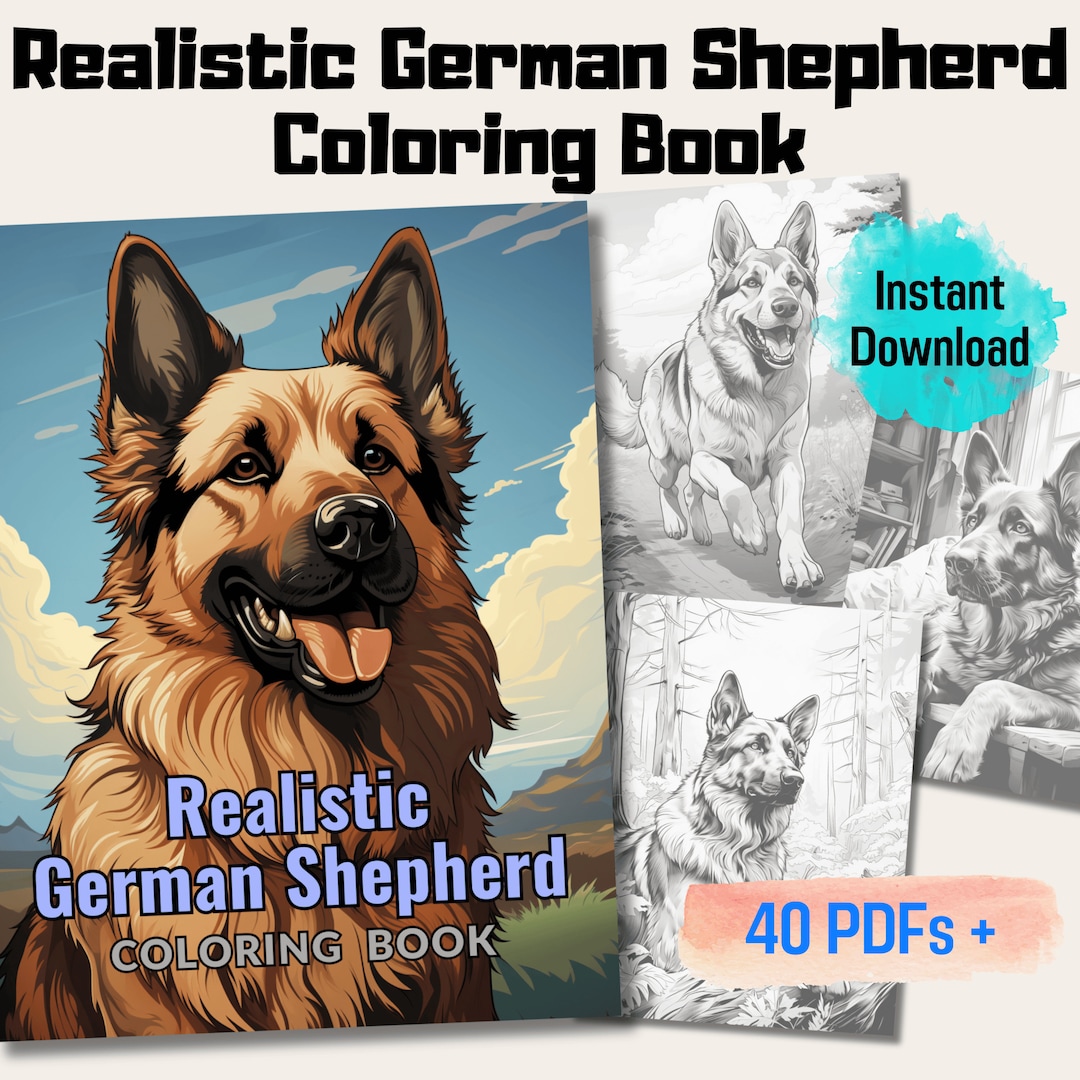 Realistic German Shepherd Coloring Book, 20 Dogs Grayscale Coloring ...