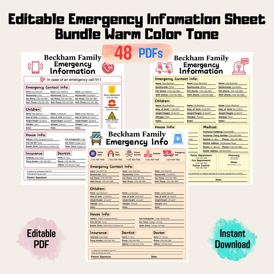 Editable Emergency Information Sheet Bundle Warm Color Tone, in Case of ...